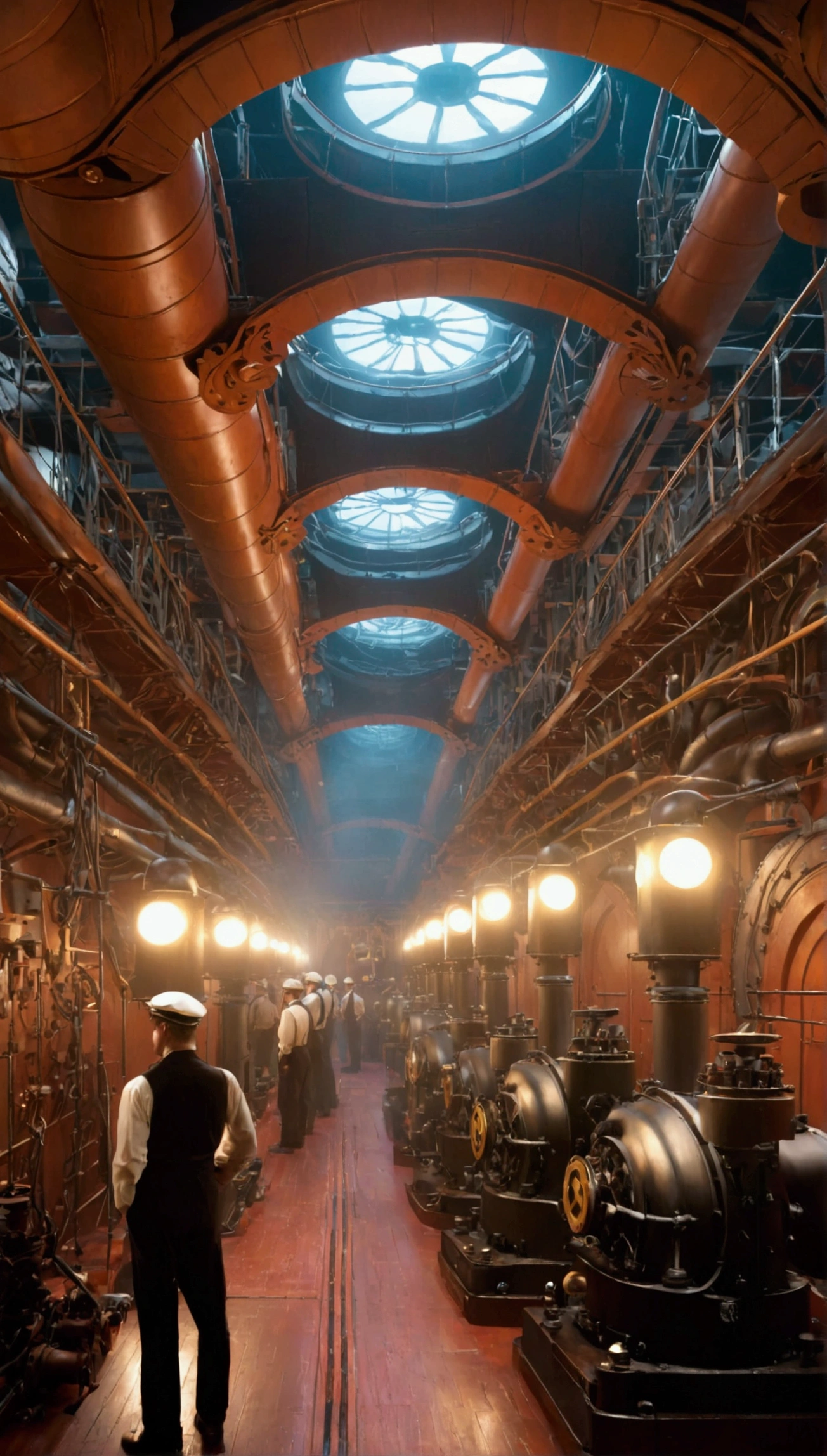 "The interior of the Titanic's engine room, with workers controlling ...