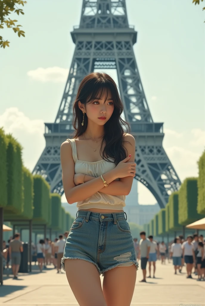 A Japanese woman wearing very short shorts and hugging her back looking ...