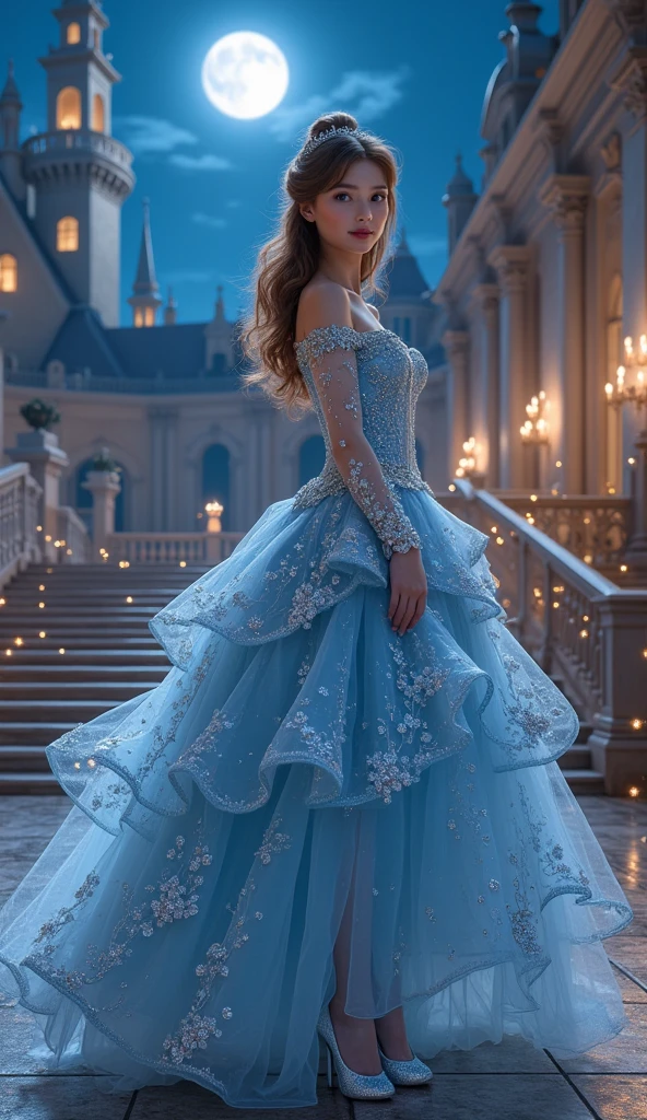A **young princess Cinderella with cascading down her back, blue ...