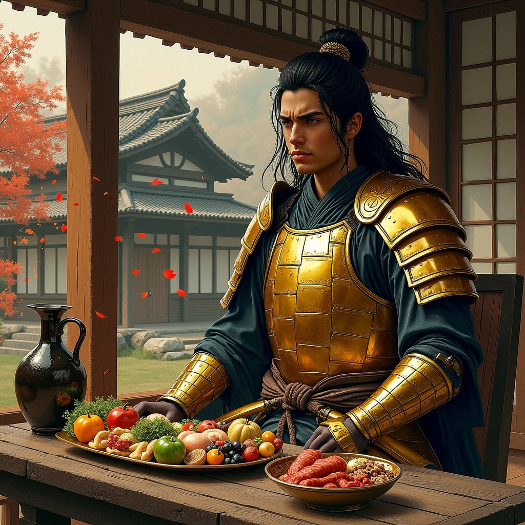 A samurai in golden armor with a katana was sitting in a gazebo near an ...