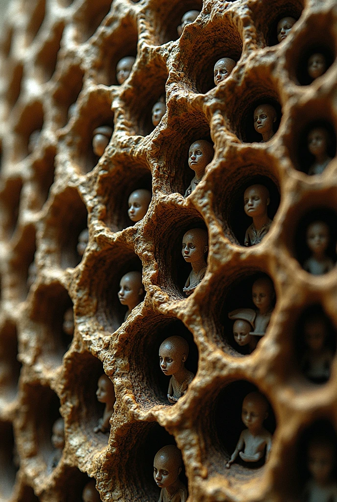 Hive wall behive like with cocooned women...women visible inside each ...