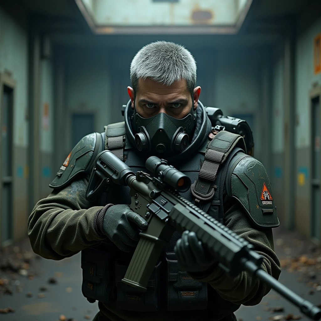 Man, stalker in hard, dirty green Monolith exoskeleton with chevrons of ...