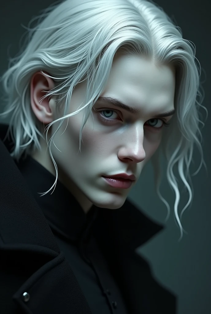 Young vampire man with silver hair, grey eyes and white skin - SeaArt AI