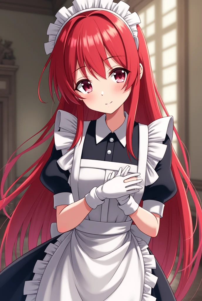Maid，White Gloves，Red long hair anime girl ，anime style - SeaArt AI