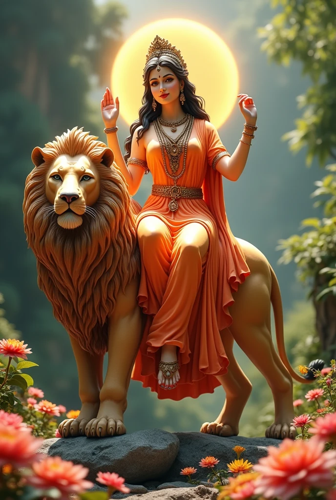 A vibrant statue of a goddess seated on a majestic lion, set against a ...