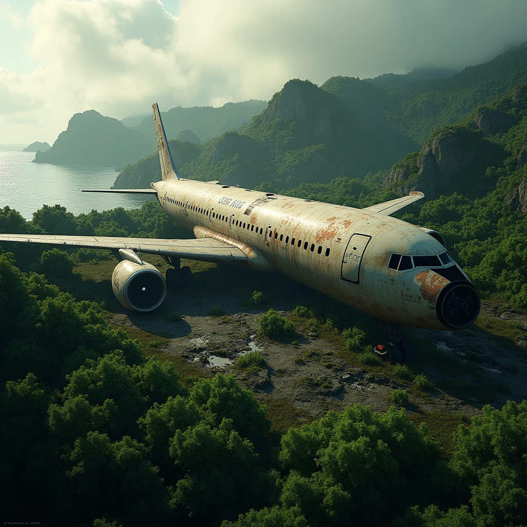 A crashed plane on a deserted island, detailed weathered fuselage ...