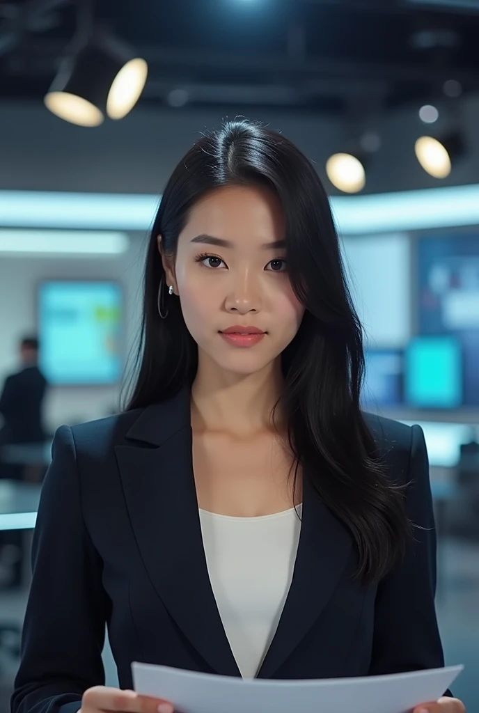 A black-haired, brown-eyed female reporter is reading the news - SeaArt AI