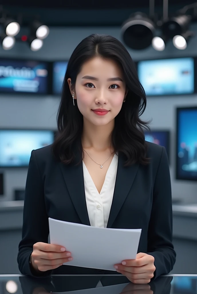 A black-haired, brown-eyed female reporter is reading the news - SeaArt AI