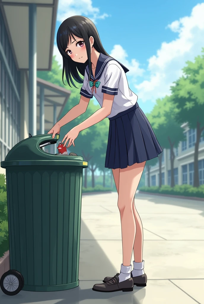 Teenage girl; wearing school uniform putting a trash on trashcan ...