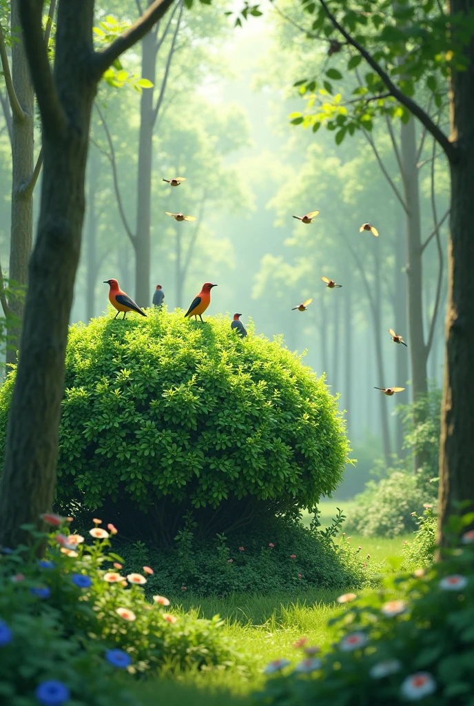 A green bush with long trees and birds on them - SeaArt AI