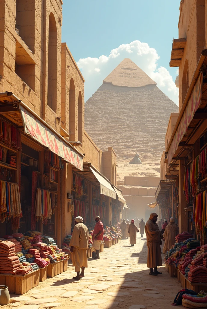 Realistic photo of a modern fabric store in the pyramids of Egypt ...