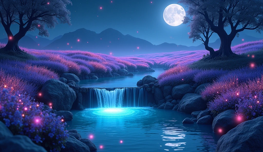 Create a surreal night scene of a small waterfall flowing into a ...