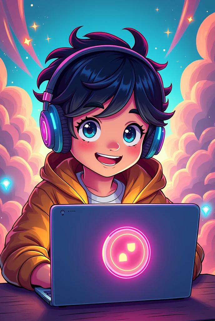 Anime boy with headphones and a laptop with a coin on it, 🚀🚀 - SeaArt AI