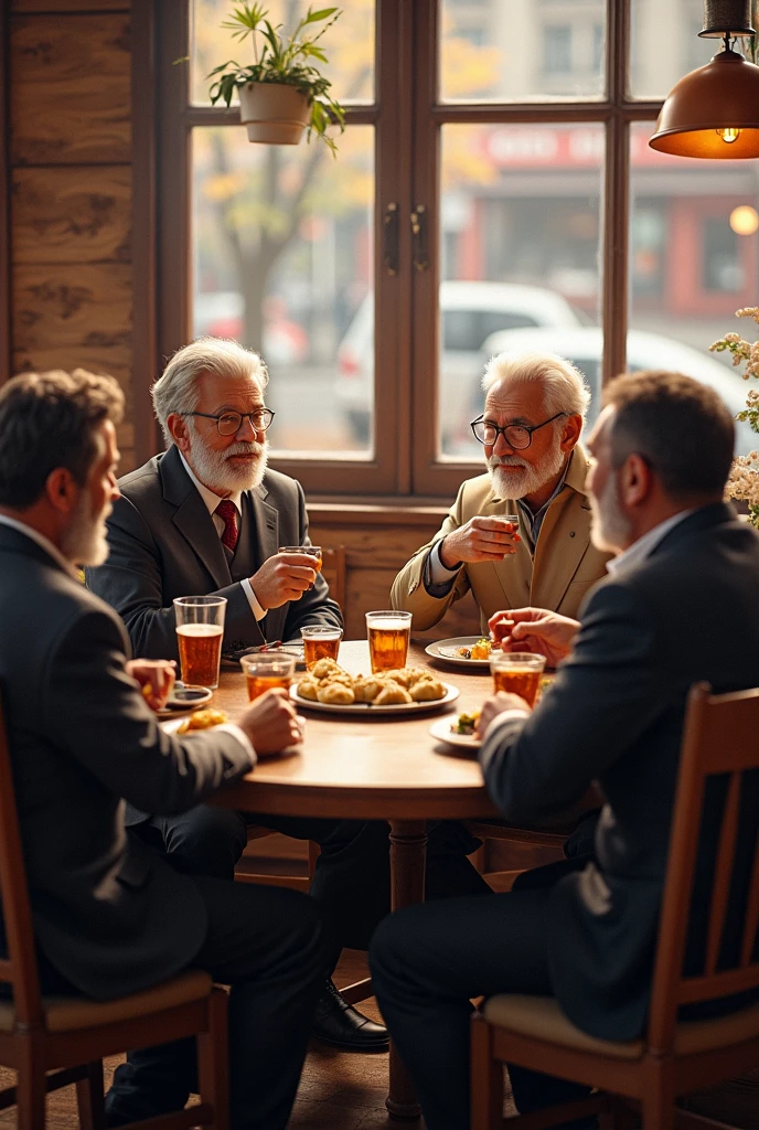 Men eating momo with drinks in a cafe - SeaArt AI