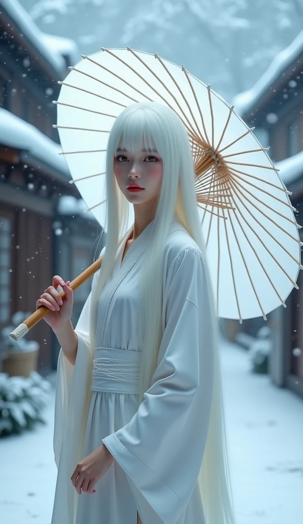 A woman with pure white hair wearing a white yukata and holding a white ...