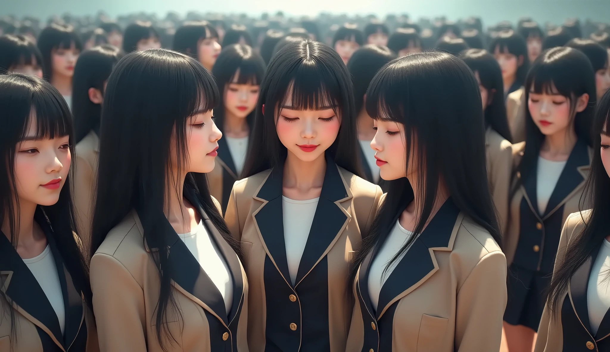 Several women in uniform standing in a large group of people - SeaArt AI