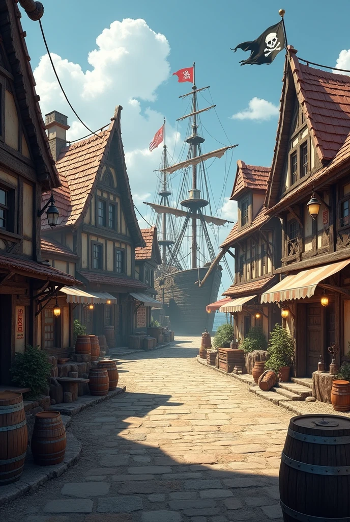 Create a pirate village with pirate elements and show the pirate square ...