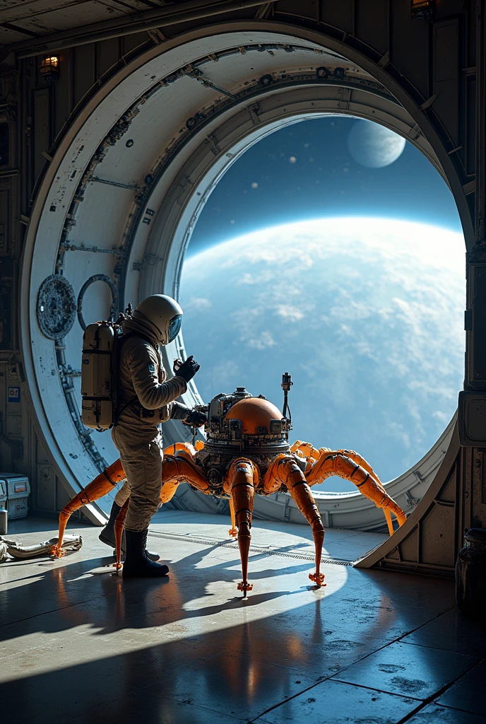 A space worker wearing a powered suit that assists and extends limbs is ...