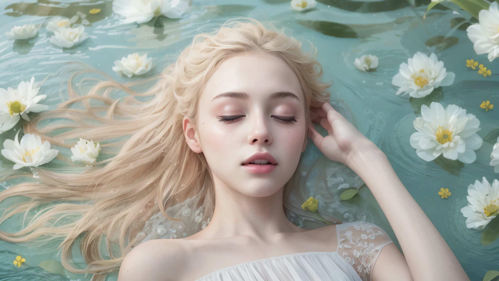 Arafed woman laying in water with flowers in her hair - SeaArt AI
