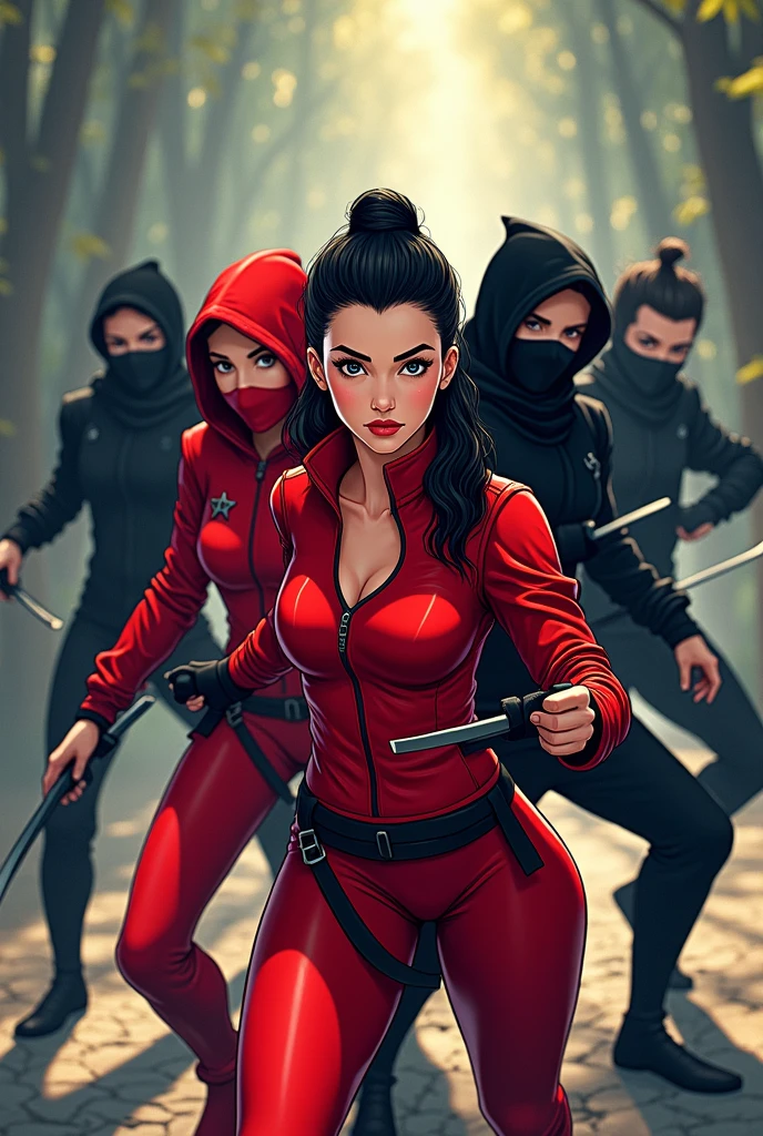 Generate image of 5 ninjas Two women in red and Three men in black As a ...