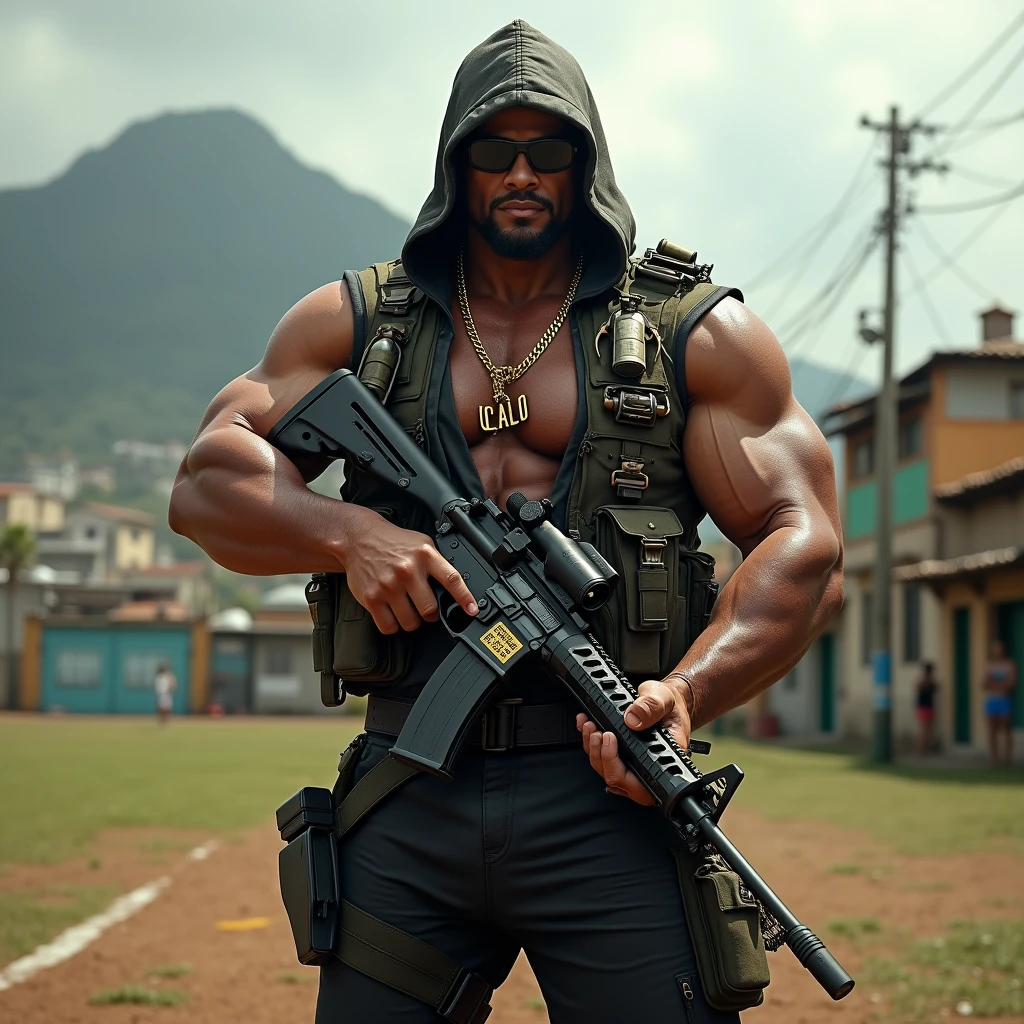 A muscular man with human arms and legs wearing a hooded vest with ...