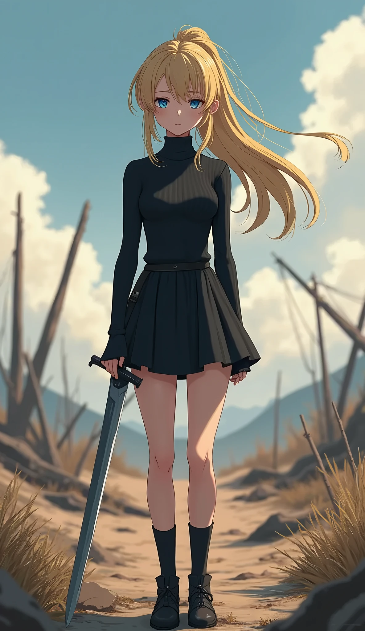 Anime girl with sword in desert area with sky background - SeaArt AI