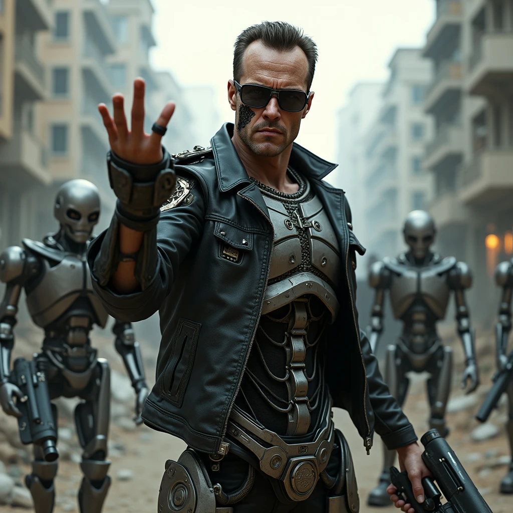 Terminator T-800, in a leather jacket, glasses on the eyes, left arm ...