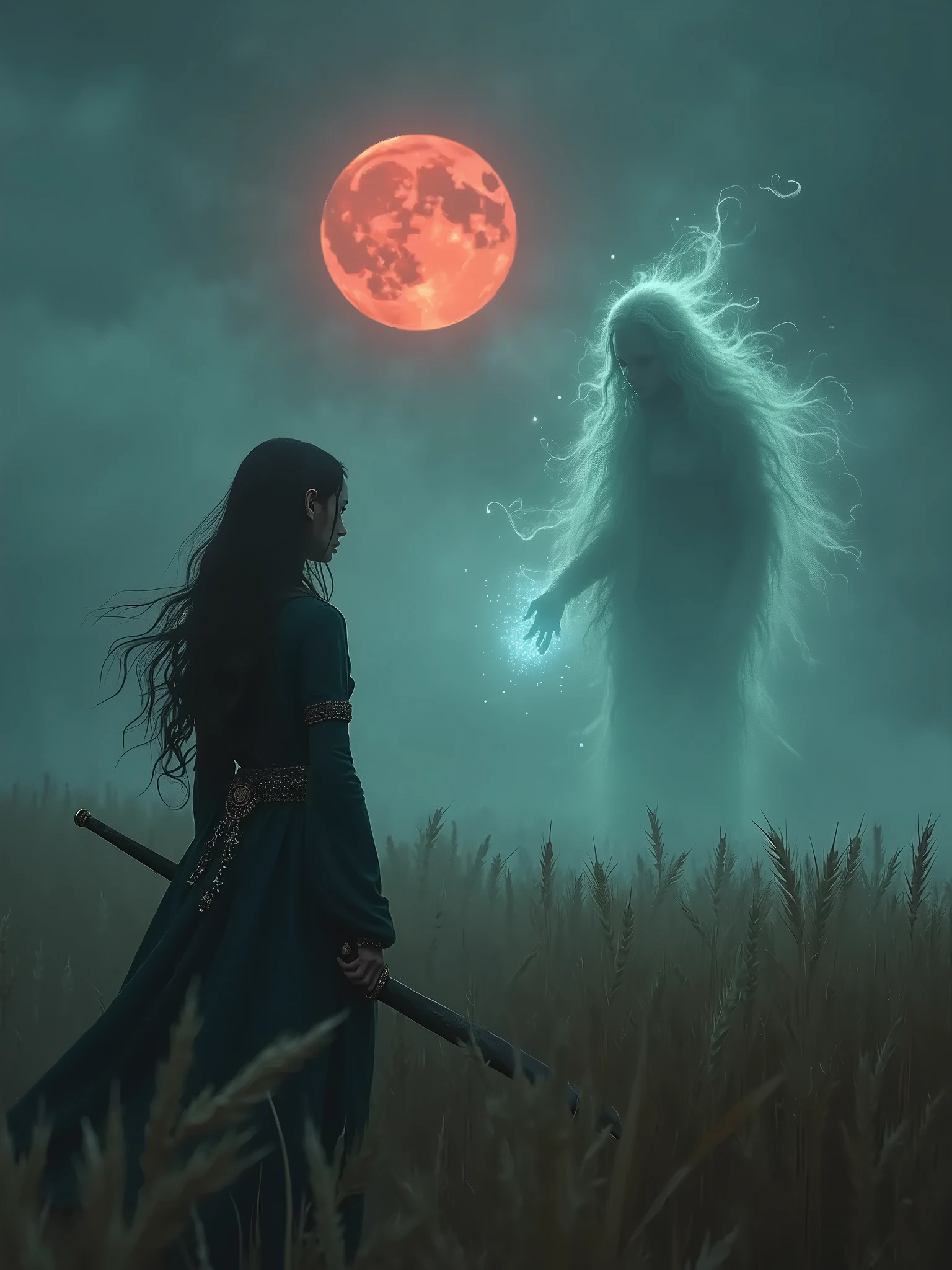 Arafed image of a woman in a field with a sword and a giant monster ...