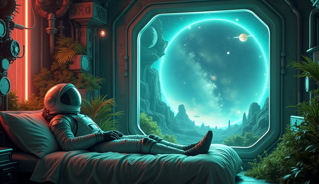 A cosmonaut in a room lying on his bed and on the ceiling an opening ...