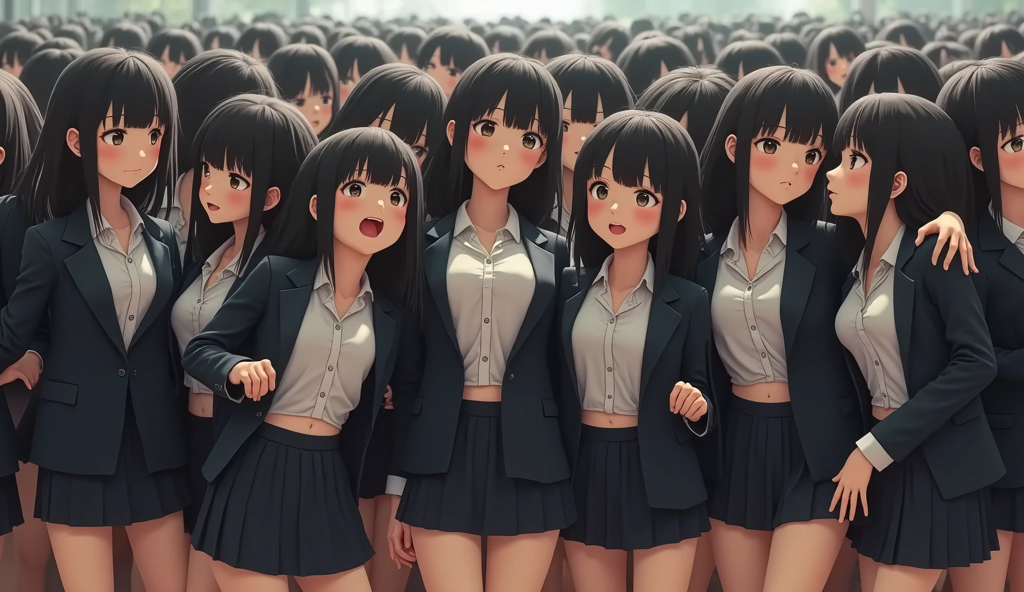 Anime characters in school uniforms standing in a large group - SeaArt AI