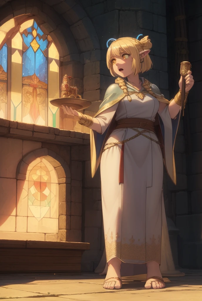 A beautiful paladin templar lady in a white tabard, glowing yellow eyes ...