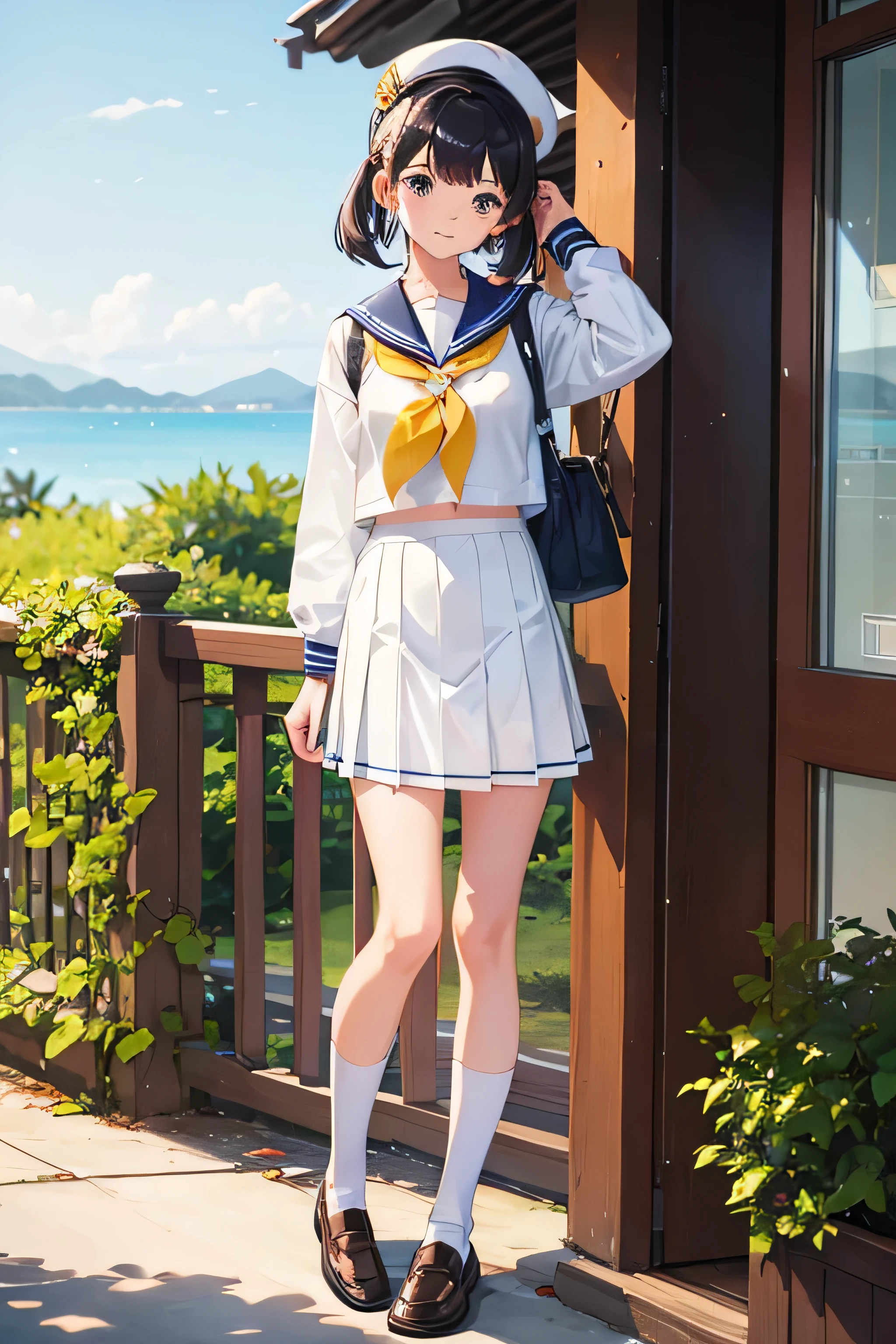Anime girl in sailor outfit posing for picture in front of a house ...