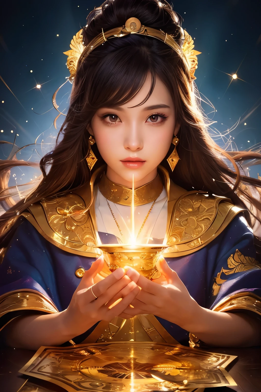 A woman in a blue dress holding a gold bowl - SeaArt AI