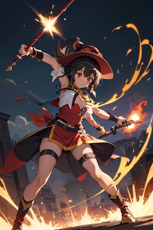 Megumin, tomboy, dark skin, red hazel eye, eyepatch on right eye ...