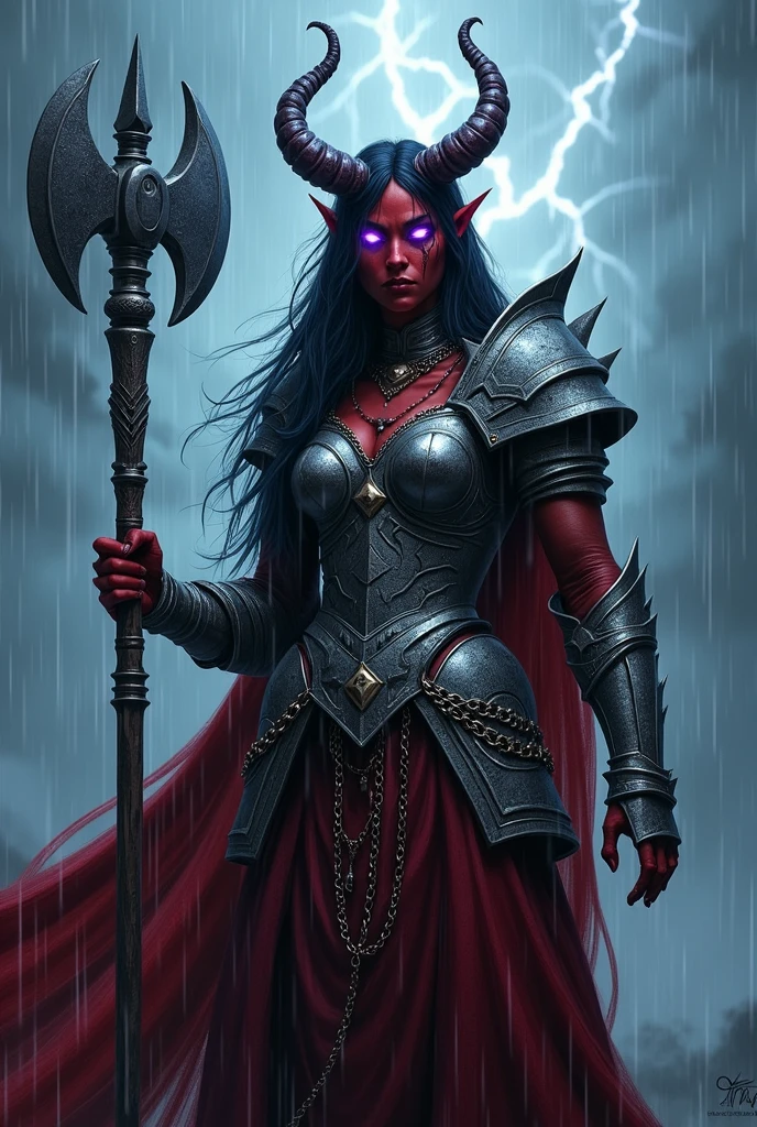 IPhone photo of a tiefling priestess with deep red skin, glowing violet ...