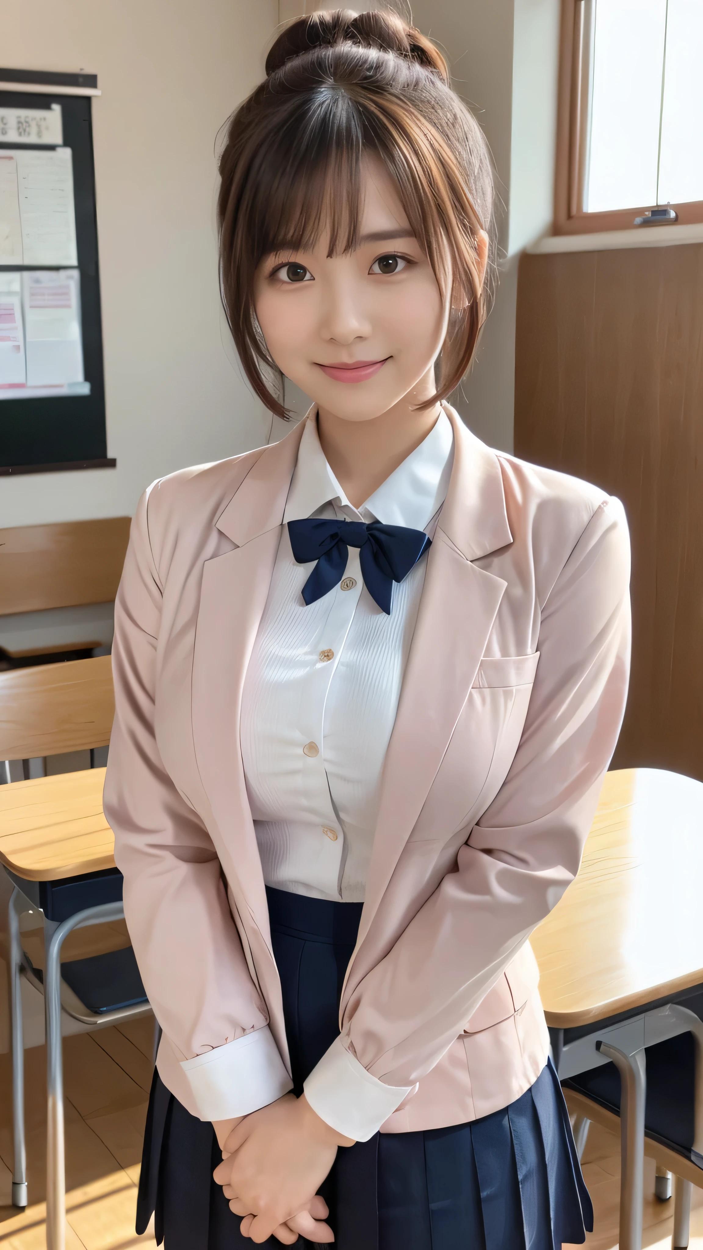 A close up of a woman in a school uniform standing in front of a desk ...