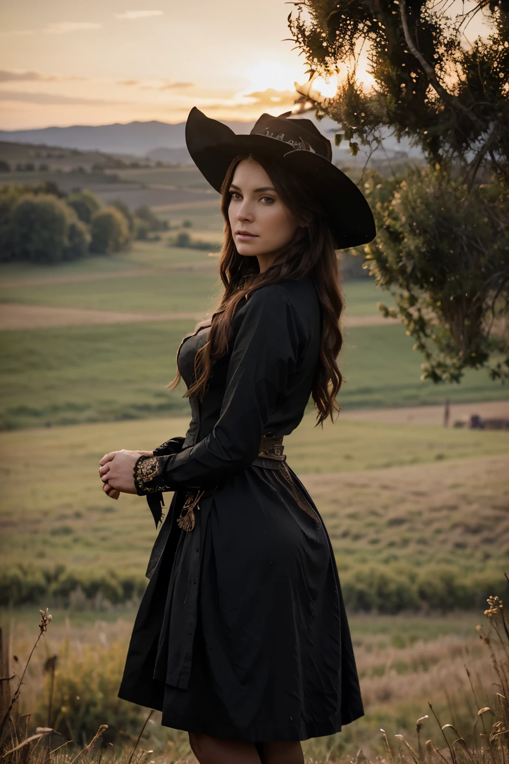 A woman in a black dress and hat standing in a field - SeaArt AI
