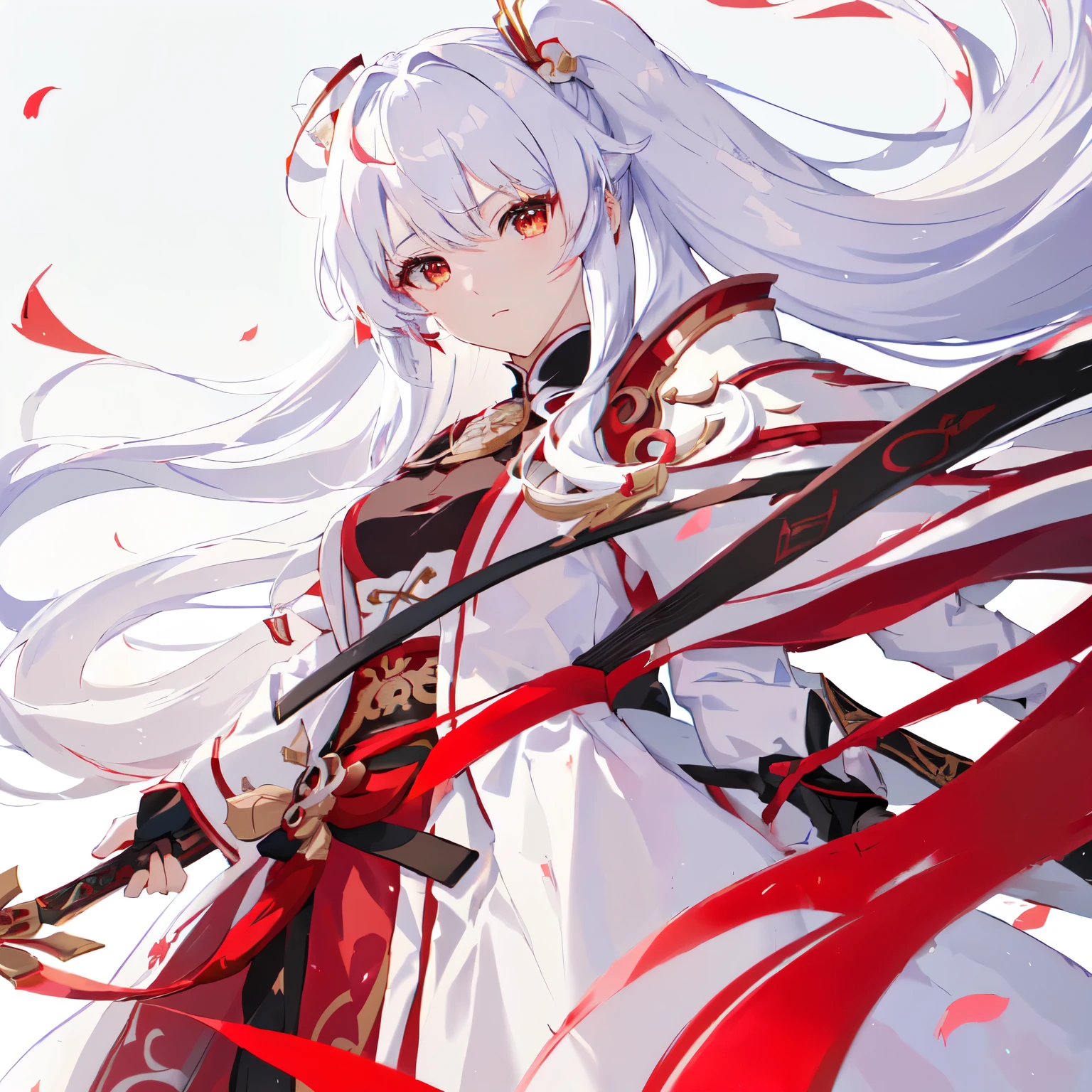Anime girl with long white hair holding a sword and red ribbon - SeaArt AI