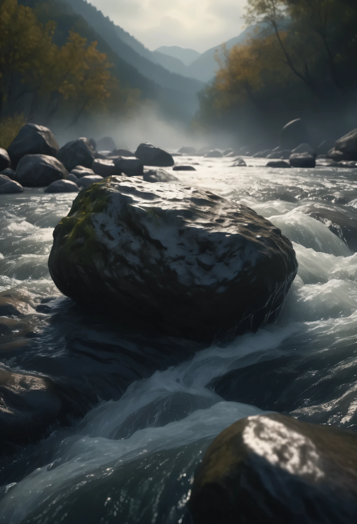 There is a river with rocks in it and a mountain in the background ...