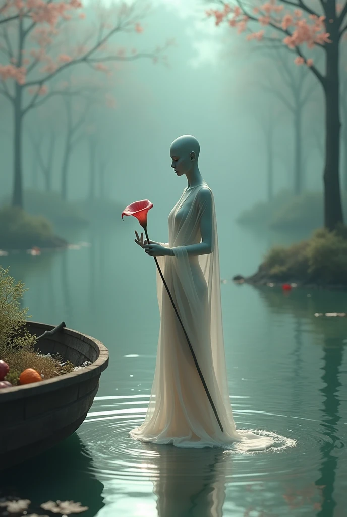 The image depicts a surreal and mystical scene featuring a humanoid ...