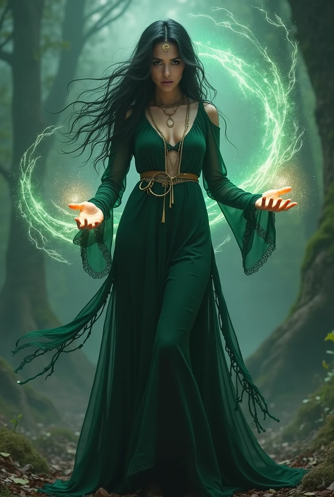 Wiccan woman performing a complex spell, full-length portrait - SeaArt AI