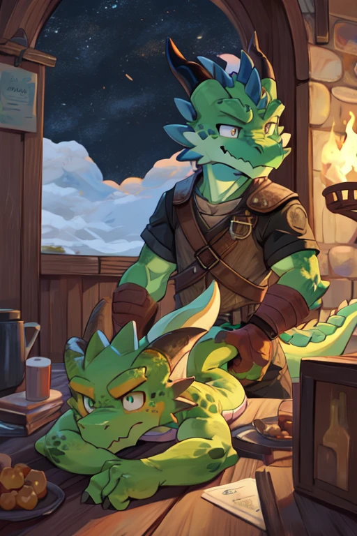 A green kobold, the kobold has a cold expression, the kobold is pulling ...