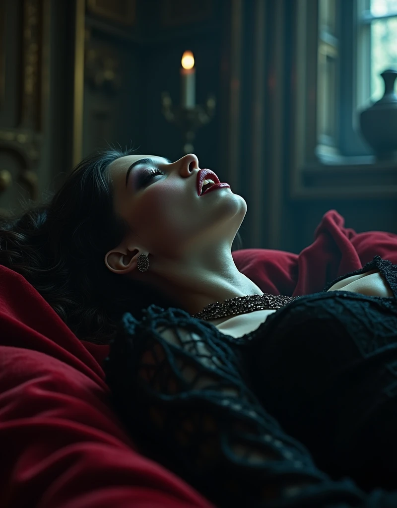 In a dimly lit, ornate chamber, a once-gentle countess lies motionless ...