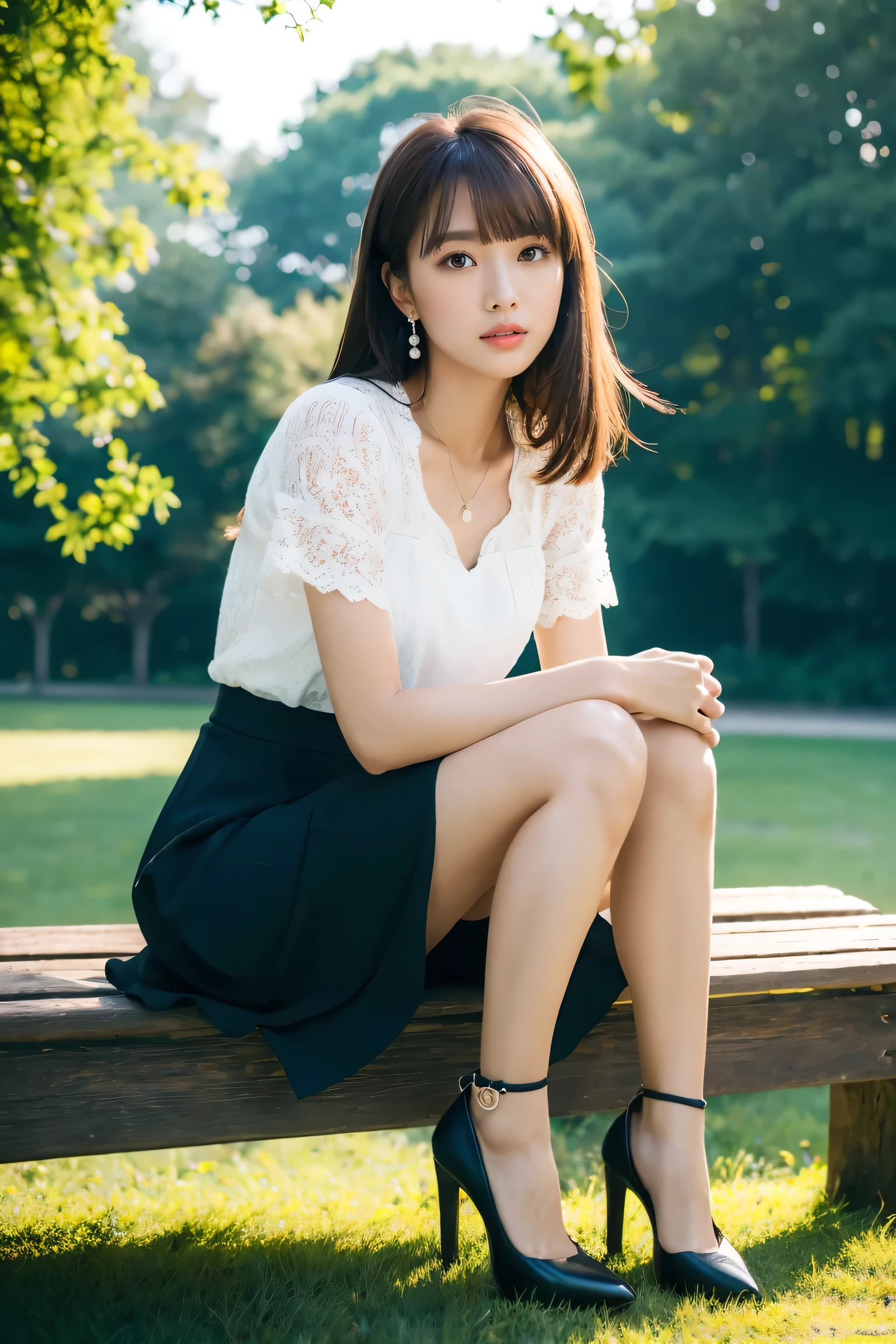 Araffe asian woman sitting on a bench in a park - SeaArt AI