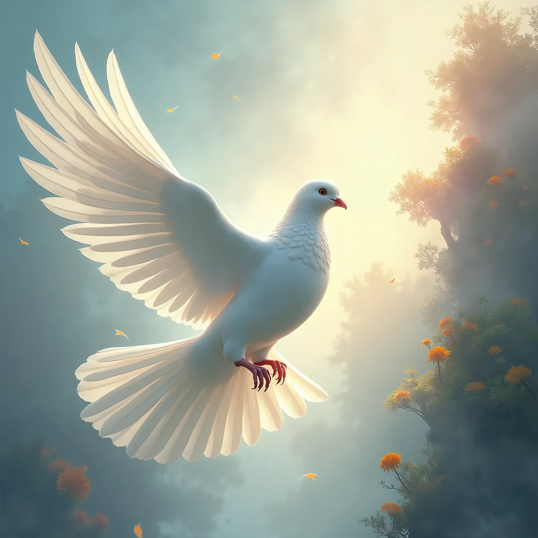 There is a white dove flying in the sky with its wings spread - SeaArt AI