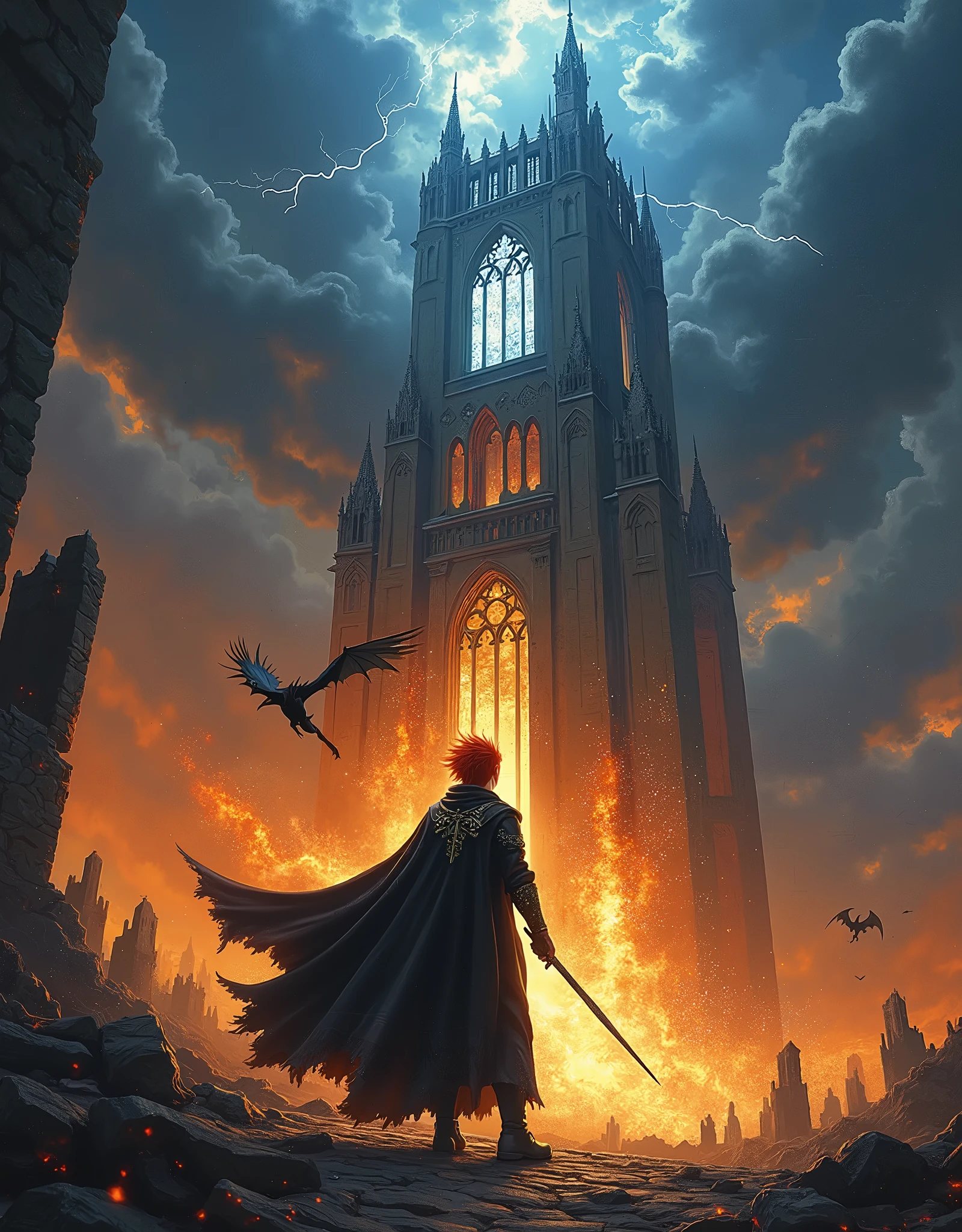 There is a man standing in front of a castle with a sword - SeaArt AI