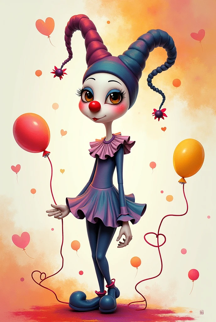 A stylized, abstract & whimsical illustration of a lady clown with ...