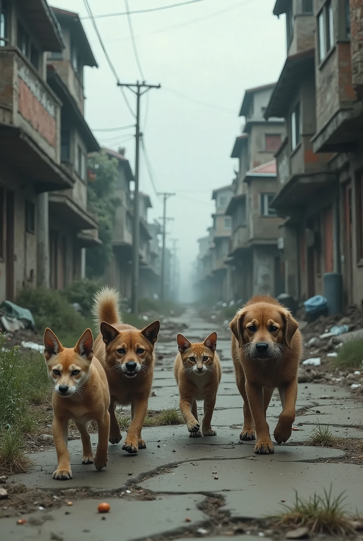 Three dogs walking down a street with a few buildings in the background ...