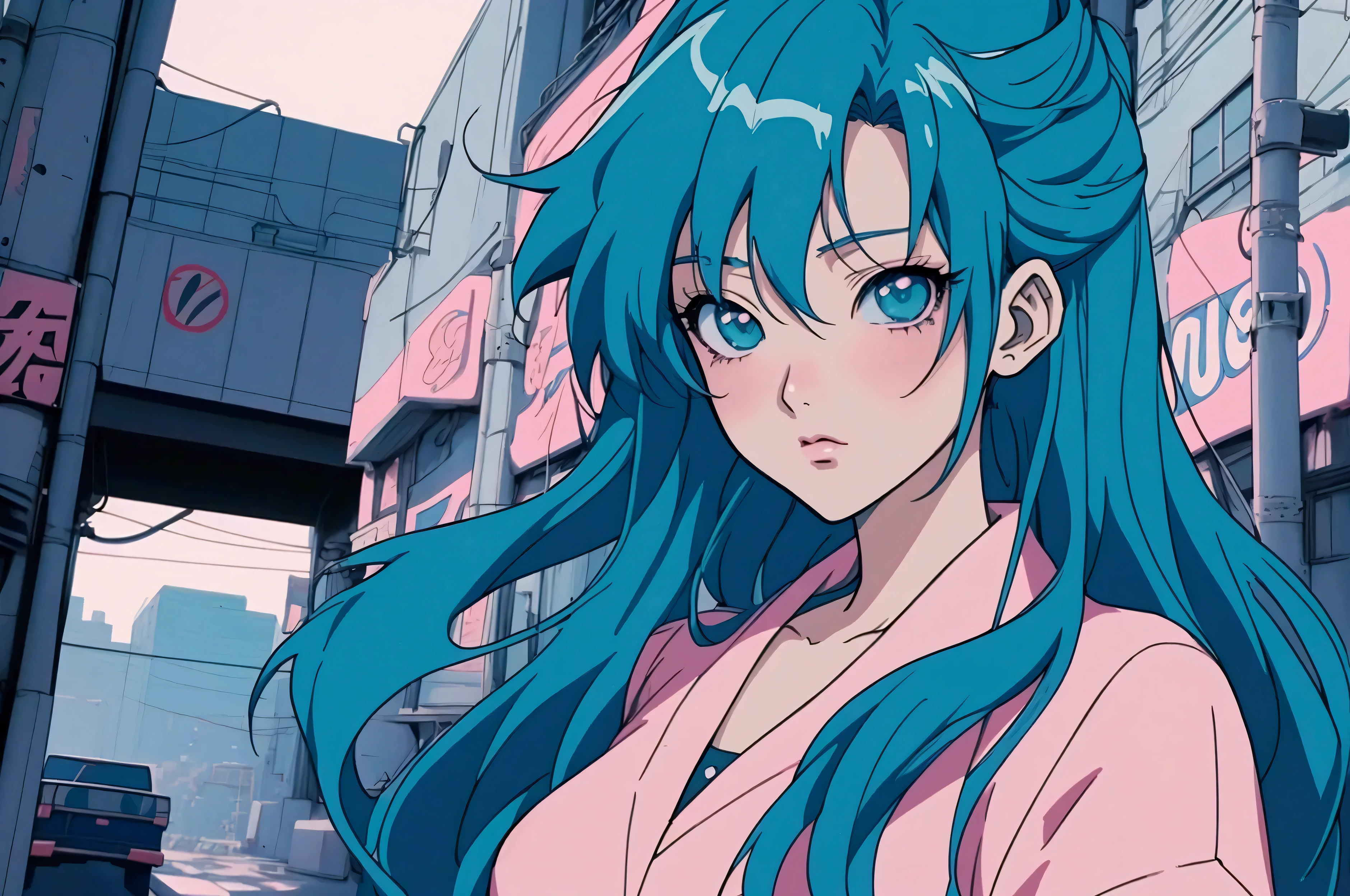 Anime girl with blue hair and blue eyes in a city - SeaArt AI