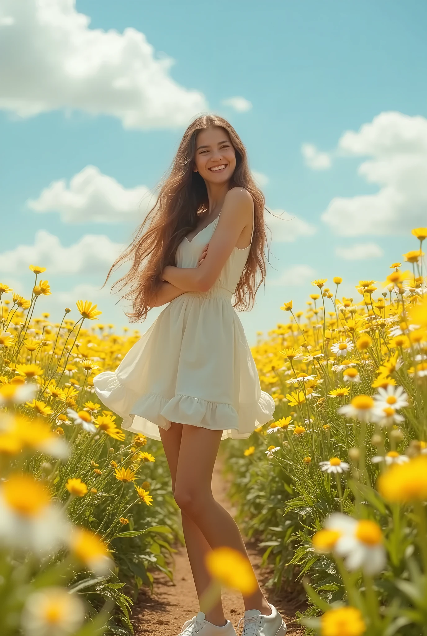 Arafed woman in a white dress standing in a field of yellow flowers ...